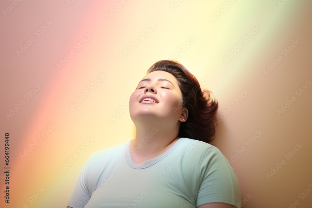 Beautiful overweight woman standing smiling in front of pastel ...