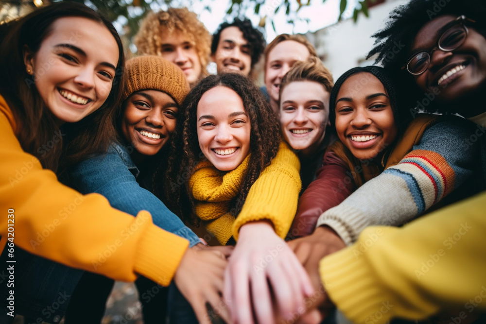Multiracial happy young people gathered together outdoors, forming a ...