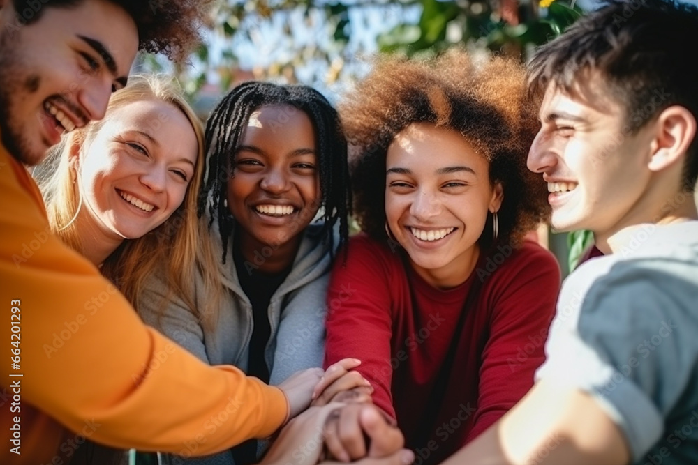 group of multiracial, happy young people stacked on top of each other ...