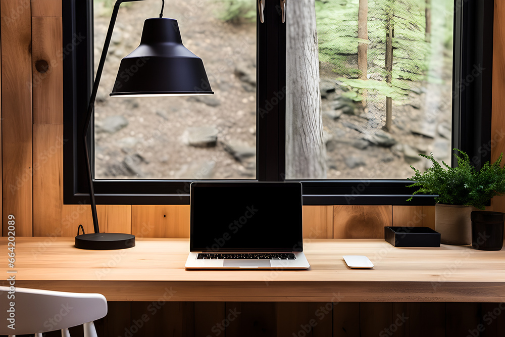 Laptop with blank black screen on office desk interior in scandi ...