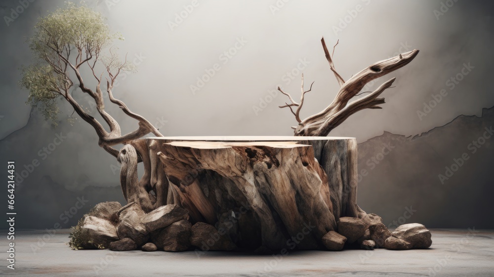 Realistic wooden podium, resembling a cross-section of a tree trunk ...