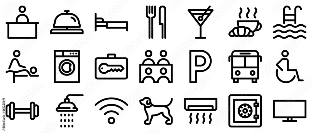 Hotel services line icon set. Reception desk, bell, restaurant, bar ...