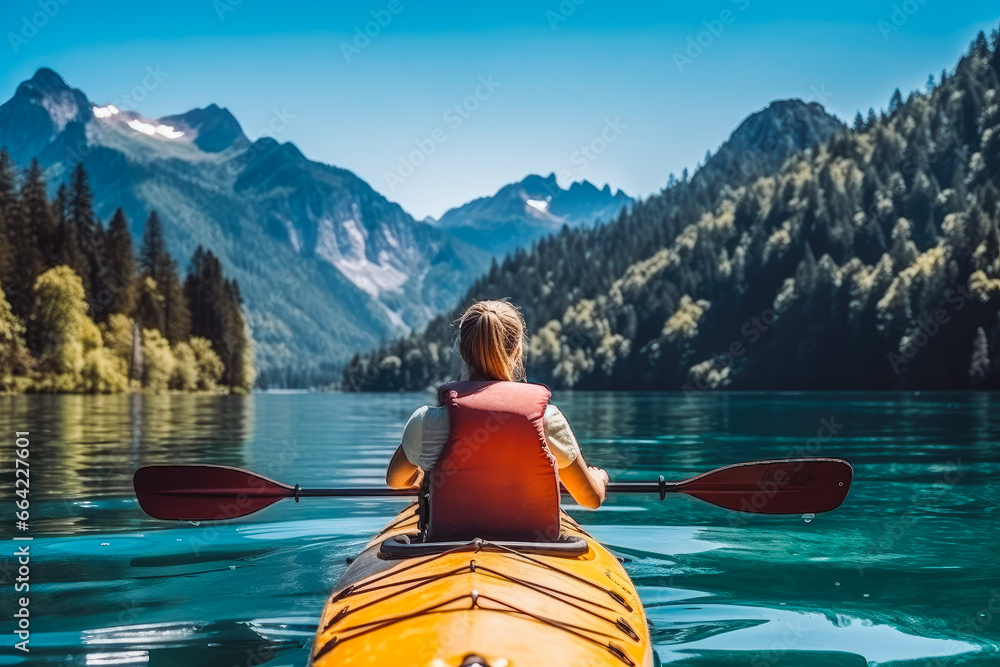 Beautiful woman on a kayak on a big lake with big mountains in ...