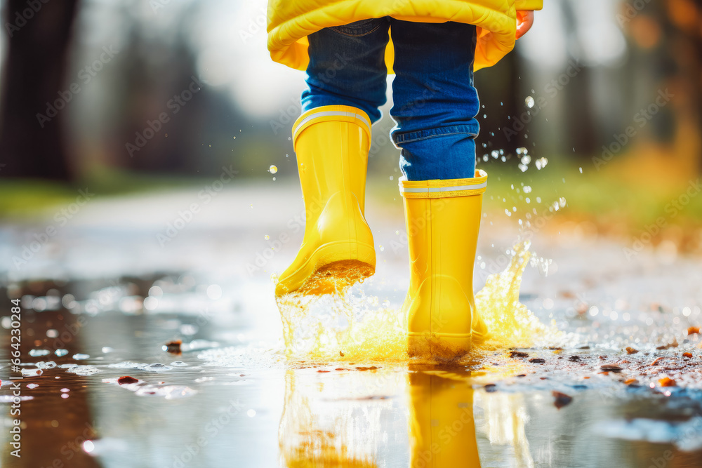 Feet of child in yellow rubber boots jumping over puddles in rain ...