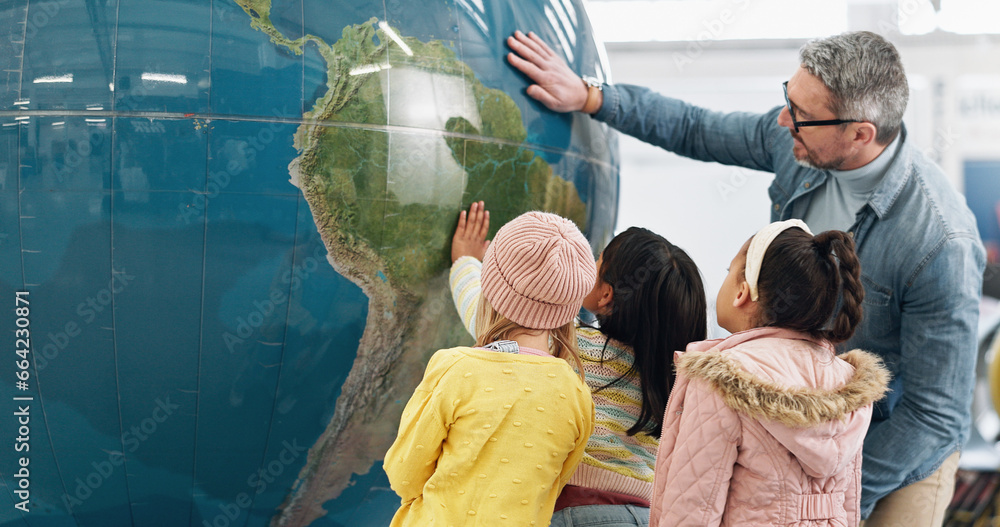 Science, world and students learning about the earth with a teacher at ...