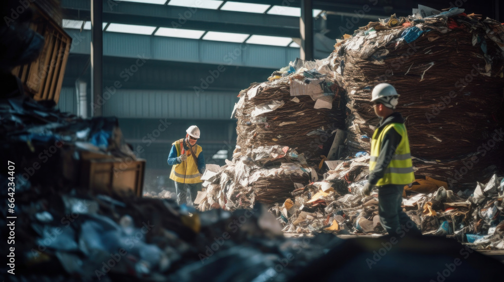 Workers in safety gear sorting through a pile of recyclable materials ...