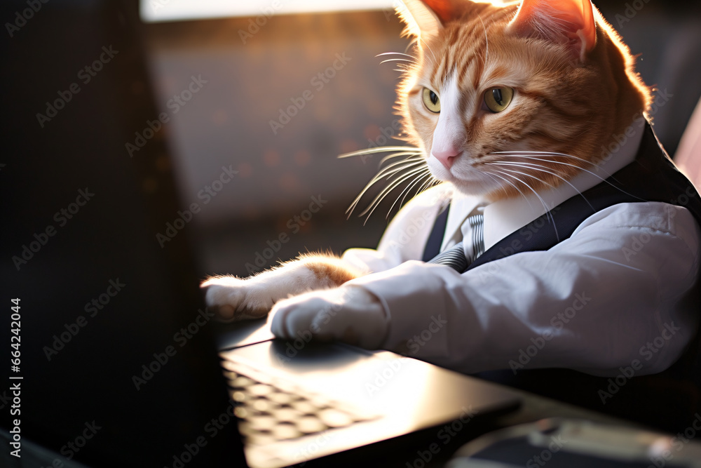 Cute ginger cat in formal suit look like a busy CEO businessman working ...