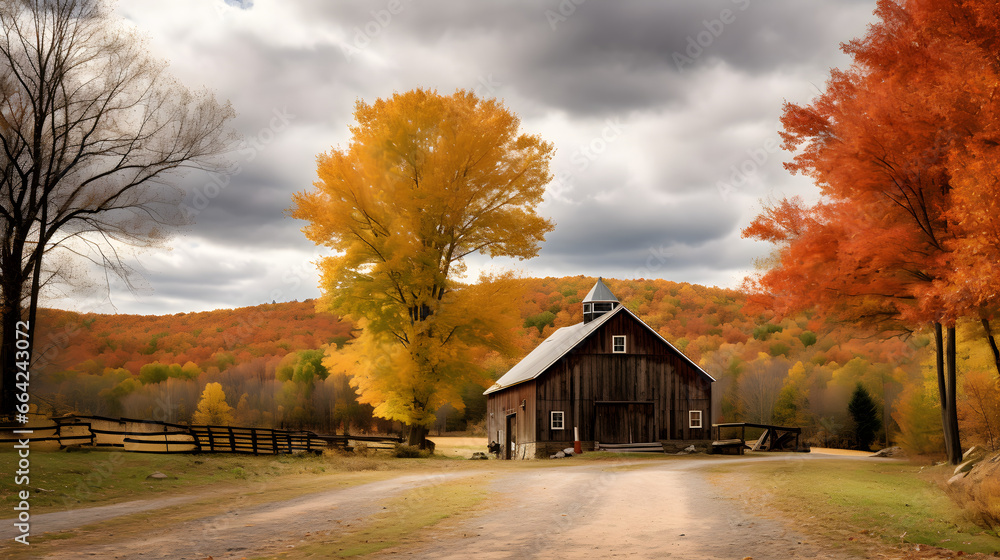 Rustic barn with a backdrop of fall foliage, landscape background ...