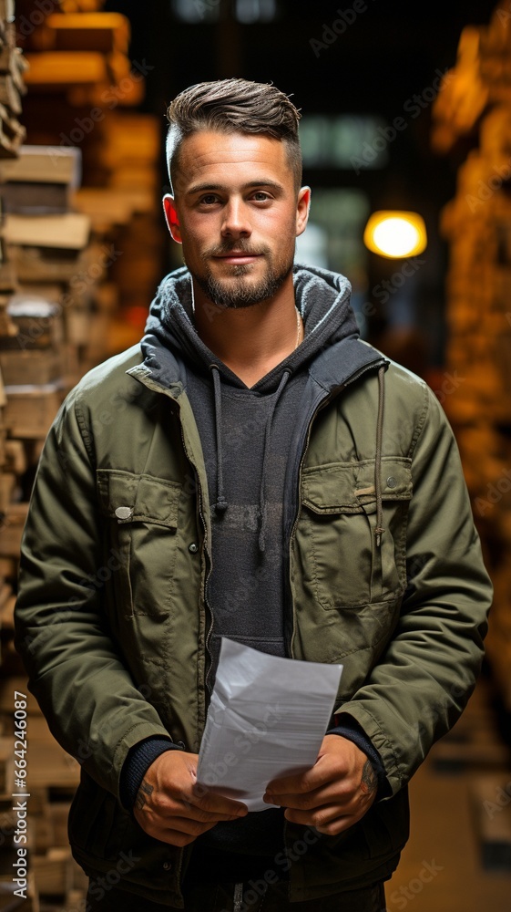 Standing at a building site, a guy worker is shown in full length ...