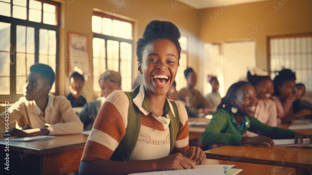 The Joy of Learning - Smiling Student in a Classroom. Fictional ...