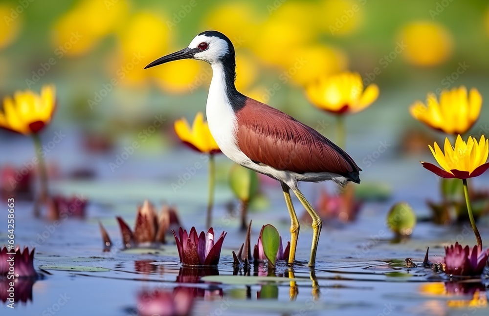 Colorful African wader with long toes next to violet water lily in ...