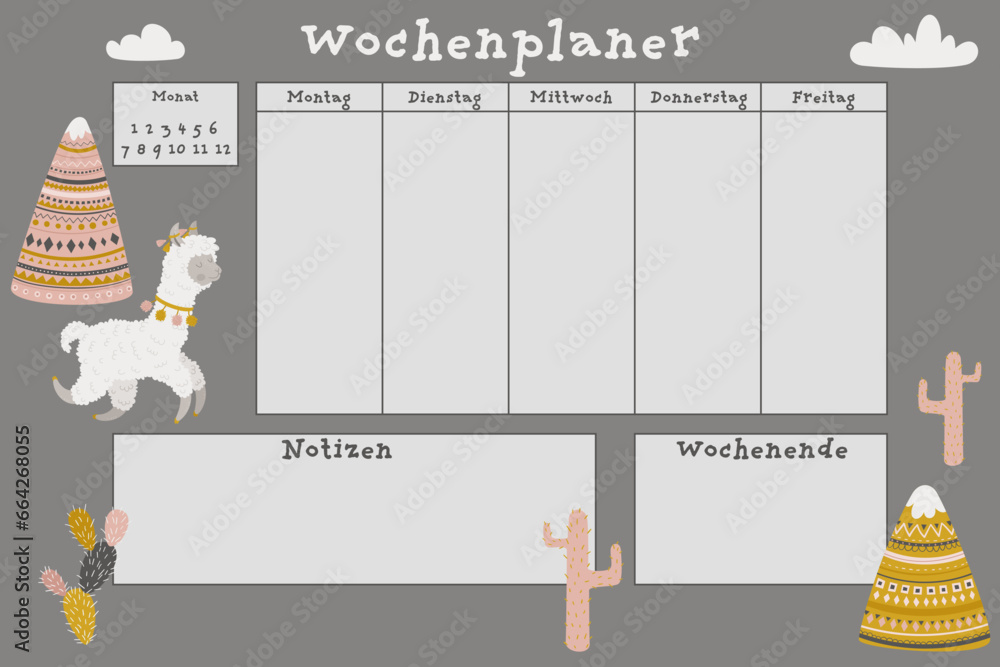 German weekly calendar. German inscriptions means "Weekly planner ...