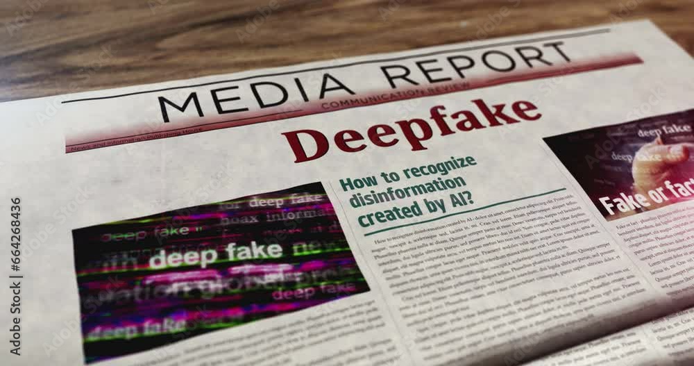 Deepfake AI disinformation fake news and misinformation daily newspaper on table. Headlines news ...
