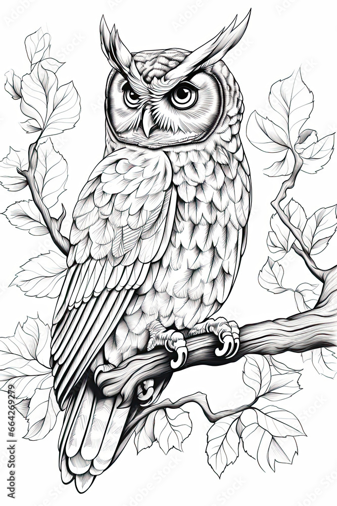 coloring page of night owl or hooter in a line art hand drawn style for ...
