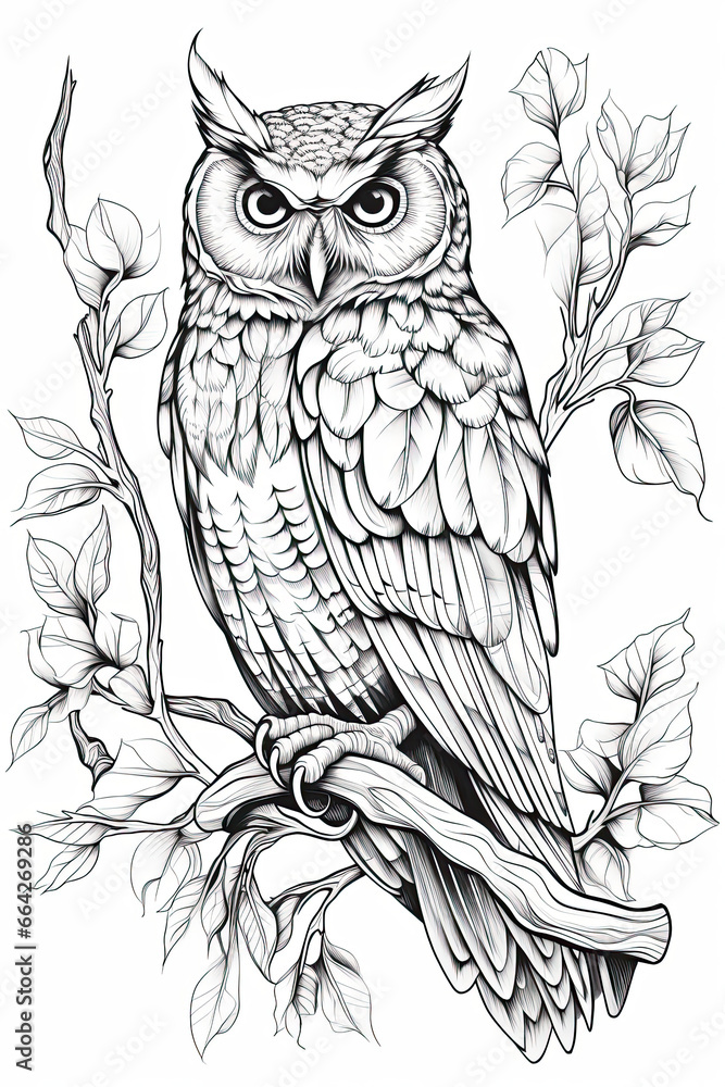 coloring page of night owl or hooter in a line art hand drawn style for ...
