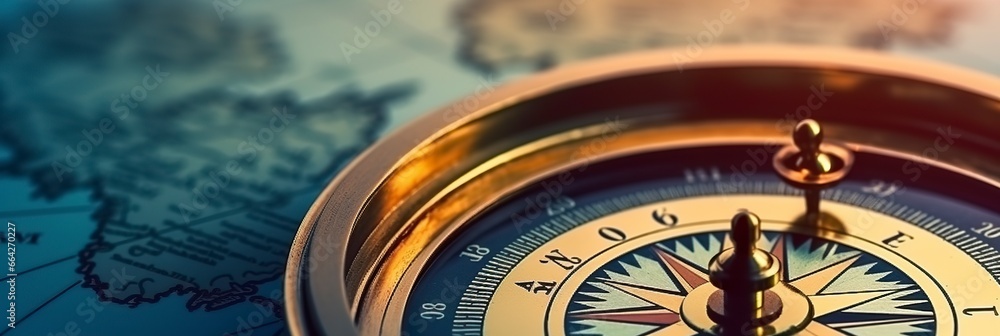 Magnetic compass and location marking with a pin on routes on world map ...