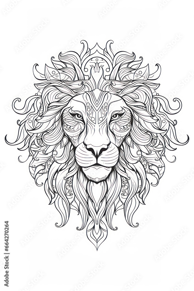 coloring page with mandala ornaments of a lion head in a line art hand ...