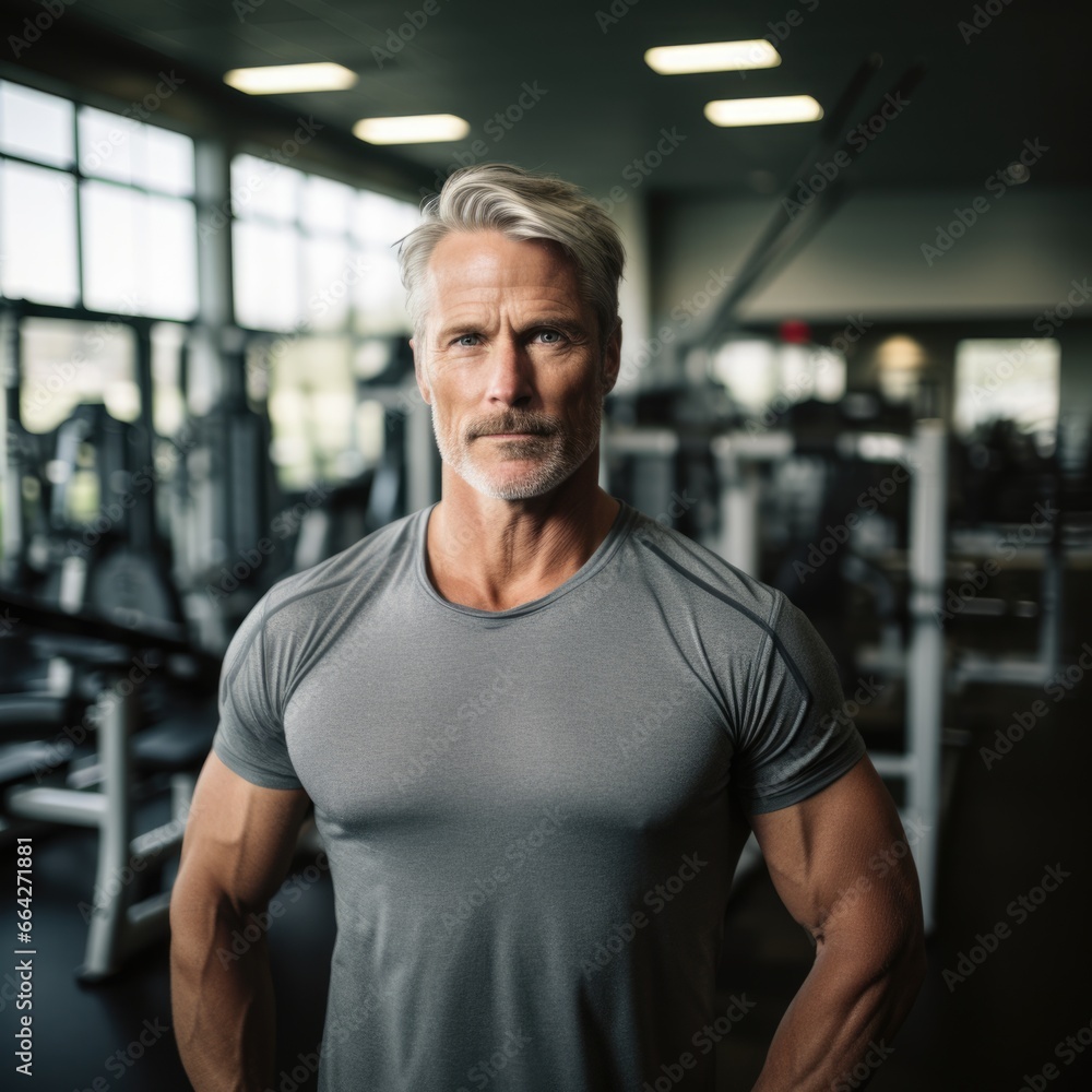 Strong and Fit Older Man Poses in a Gym. Fictional characters created ...