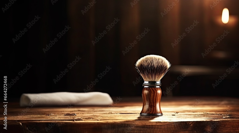 Barbershop themed backdrop with wood table razor and brush Space for ...