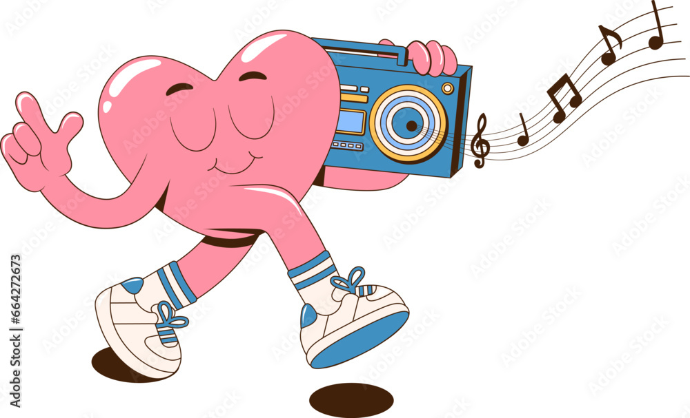 Retro groovy lovely dancing heart with a boom box character. Cartoon ...