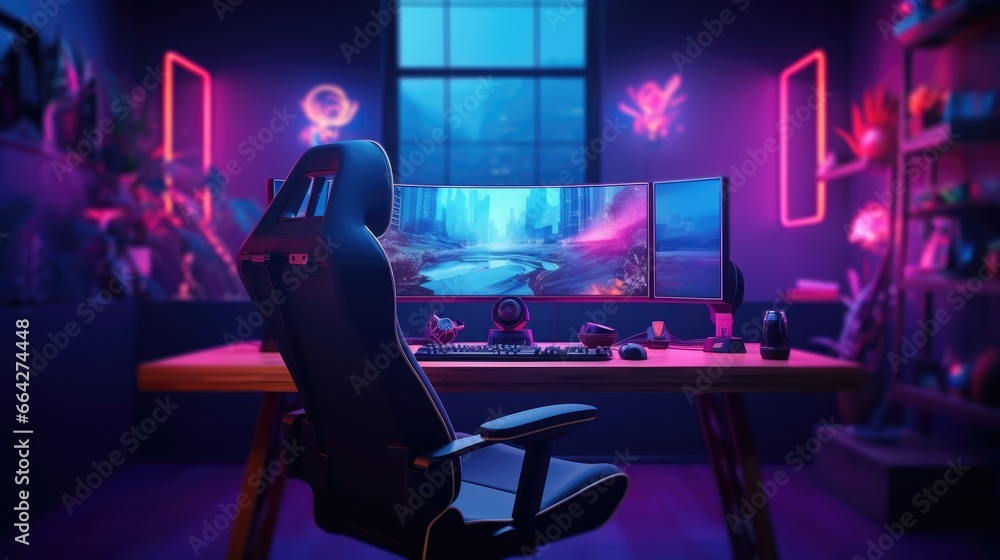 Blurry neon backdrop in professional gaming studio with PC chair ...