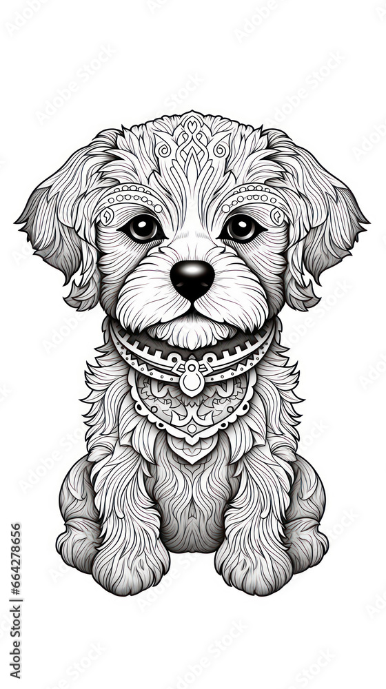 Cute dog coloring page with mandala element in a line art hand drawn ...