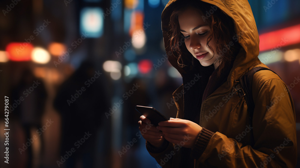 Beautiful young women or girl with screen Lit face using mobile on the ...