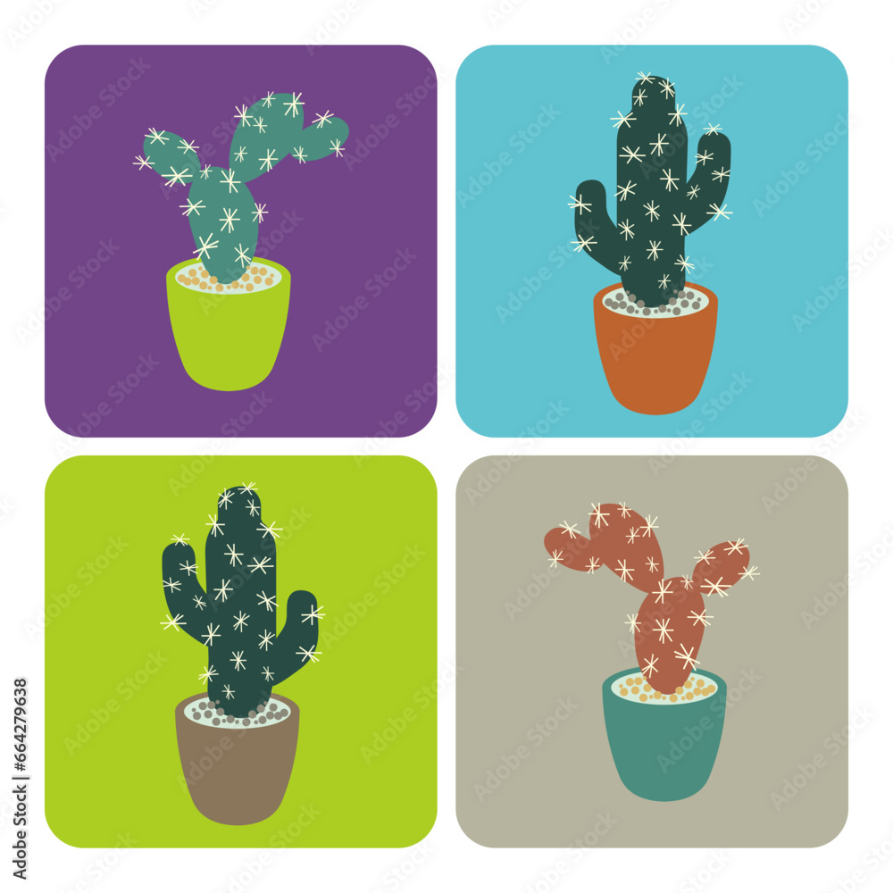 Vector set of colorful cactus plants in colored pots. Home plants ...