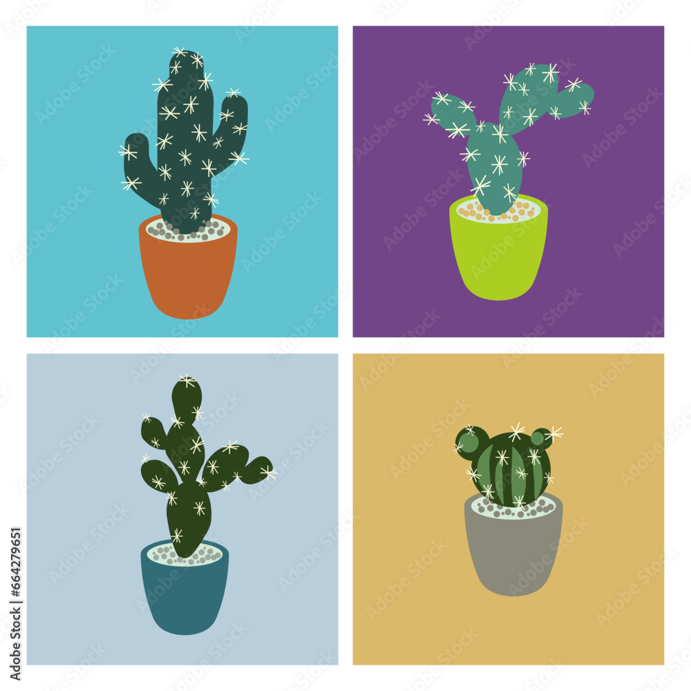 Vector set of colorful cactus plants in colored pots. Home plants ...