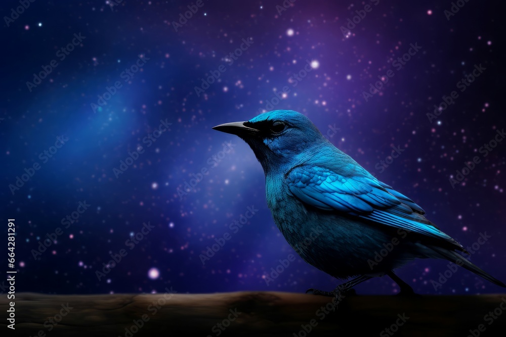 Blue bird on glowing stars sky background. Azure bird with illuminated ...