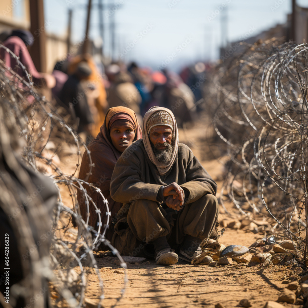 Refugees wait at a border fence with barbed wire, ai generated ...