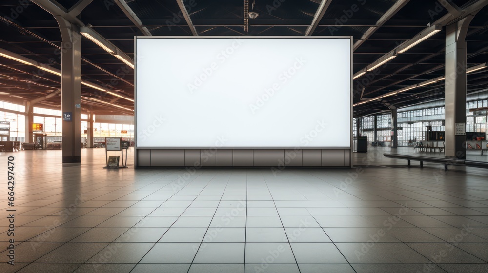 Blank billboard stands prominently in an airport setting, awaiting ...