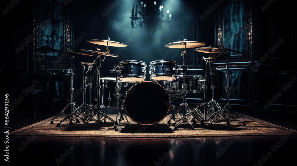 Drum set stands center stage in a dimly lit room, the spotlight casting ...