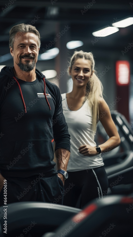 Fitness model and strength trainer posing in the gym. Fictional ...