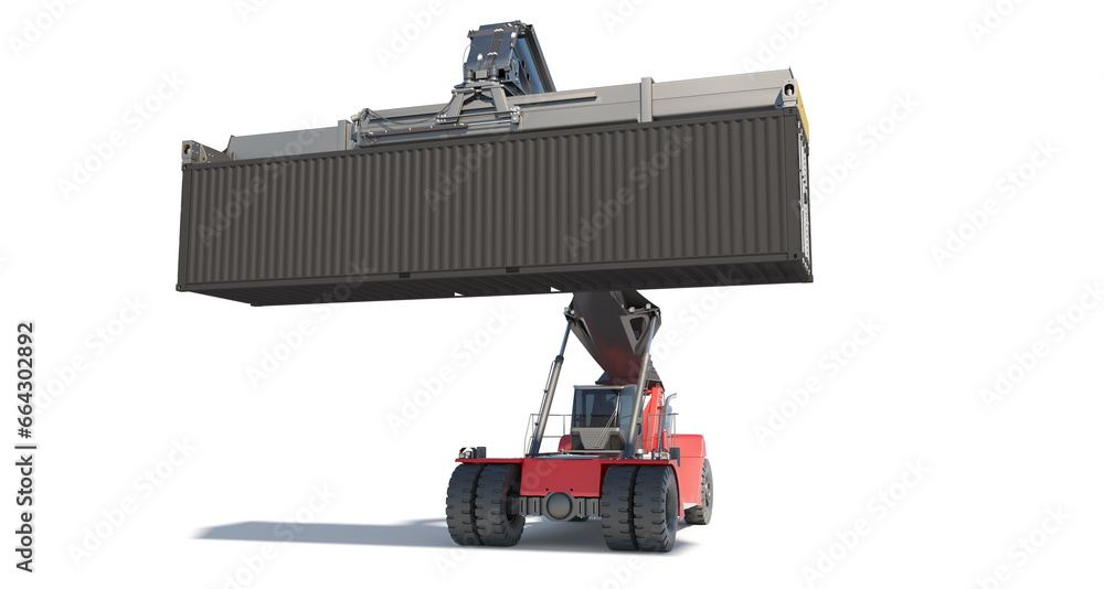 The red reach stacker (loader) lifts and loads a black sea container ...