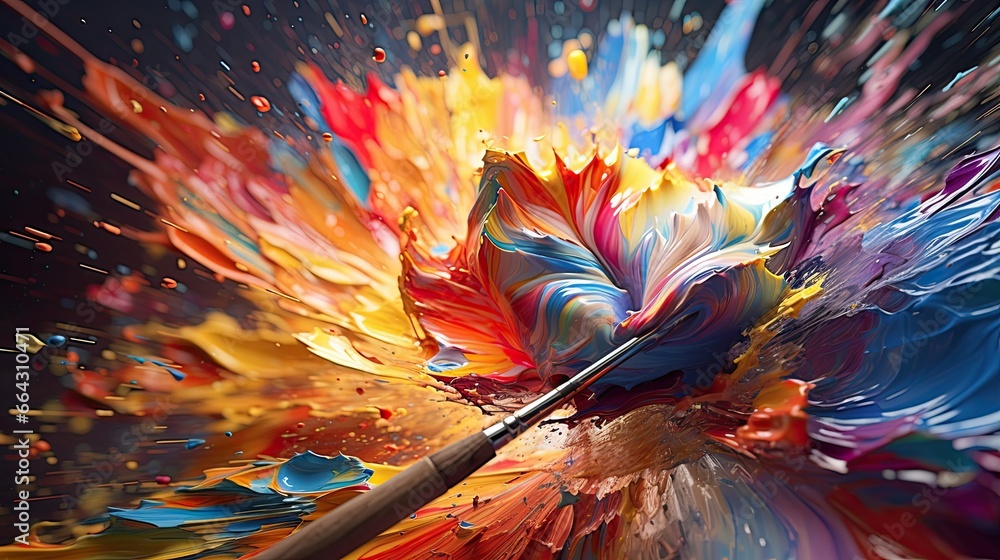Painting with a brush. Bright spilled colors in motion. Bright splash ...