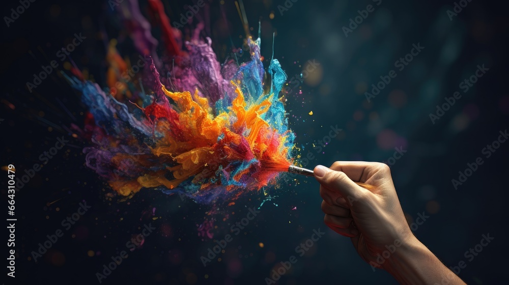 Painting with a brush. Bright spilled colors in motion. Bright splash ...