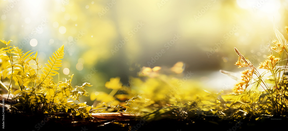 Beautiful sunny nature background with wild herbs, leaves and grasses ...
