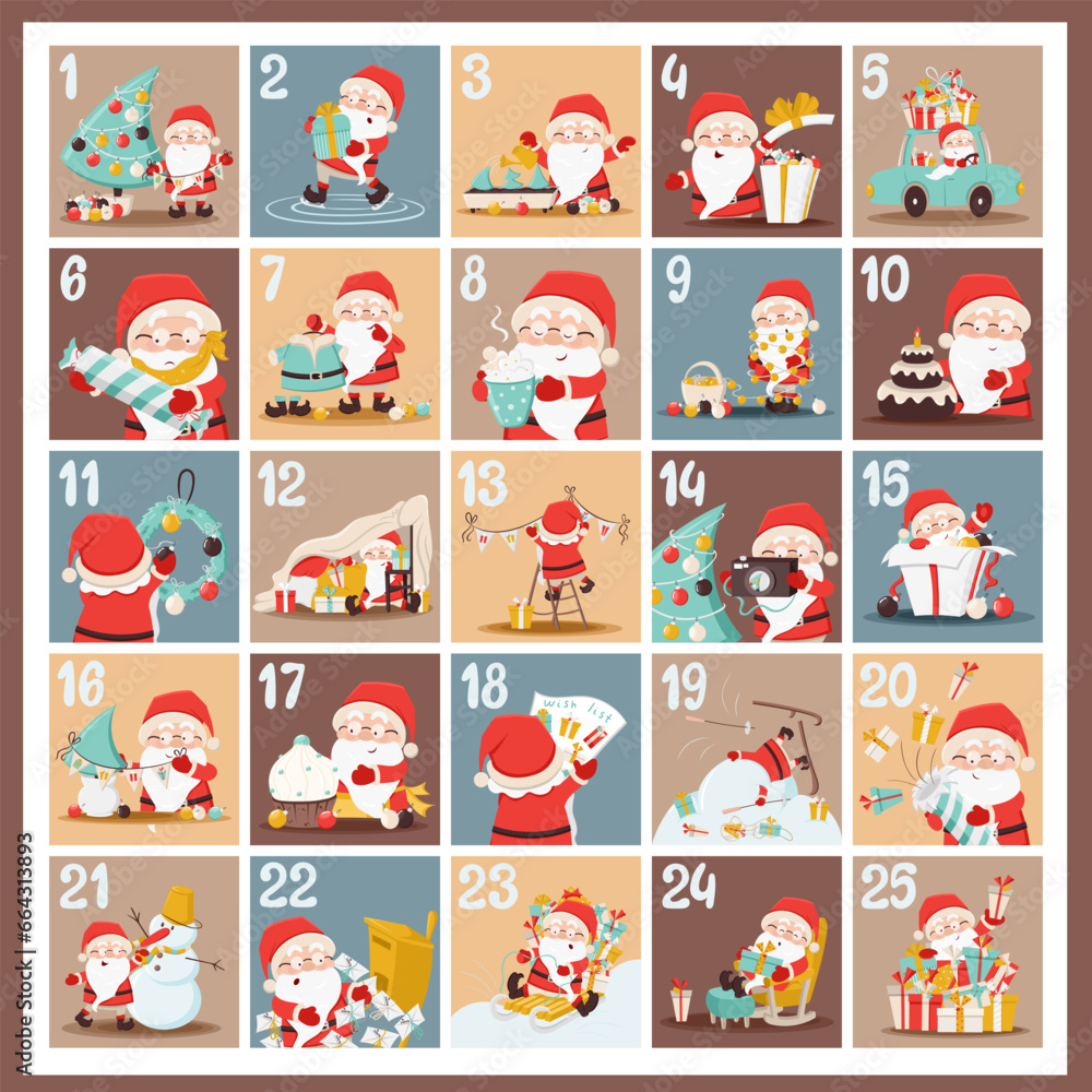 Cute advent calendar with Santa Claus, gift boxes, new year tree ...