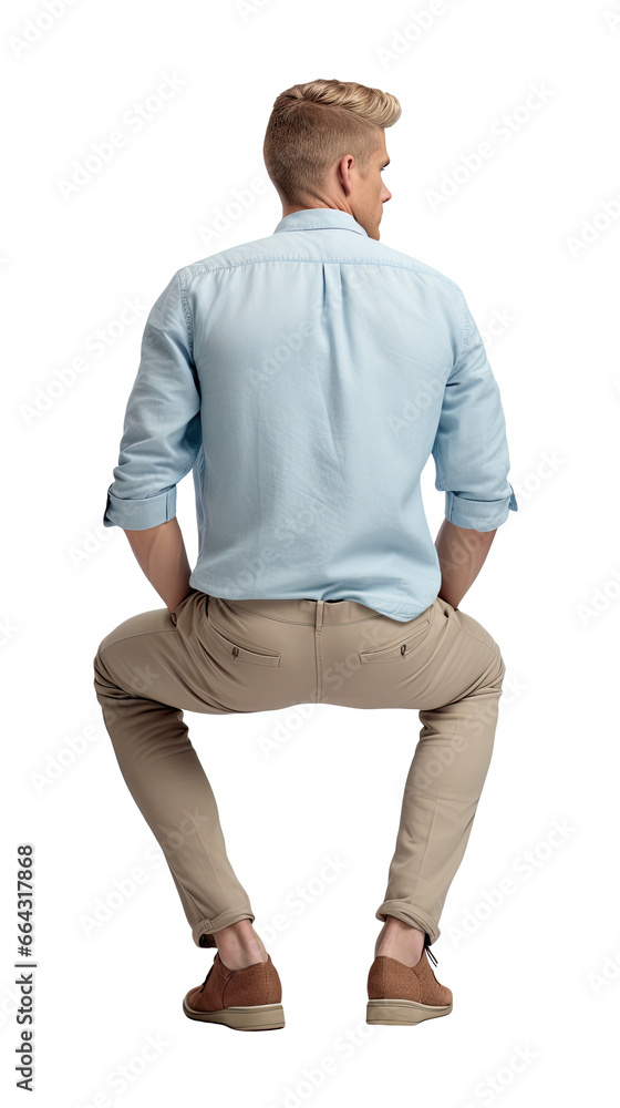 Back view of an Isolated sitting handsome young man wearing a white ...