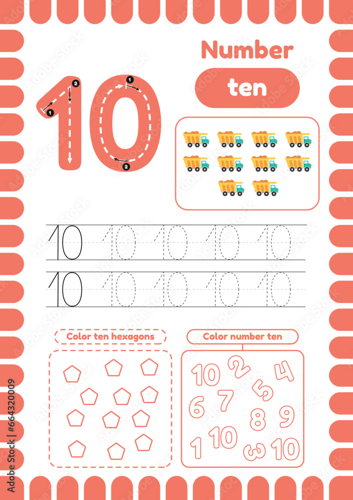 Tracing handwriting practice for preschool kids. Learn number ten ...