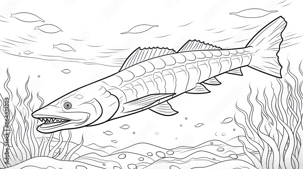 Barracuda fish coloring page at underwater scene in line art hand drawn ...