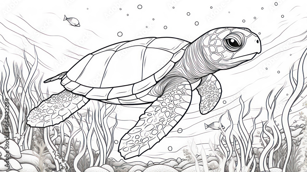 Coloring page of sea turtle swimming among underwater scene in line art ...