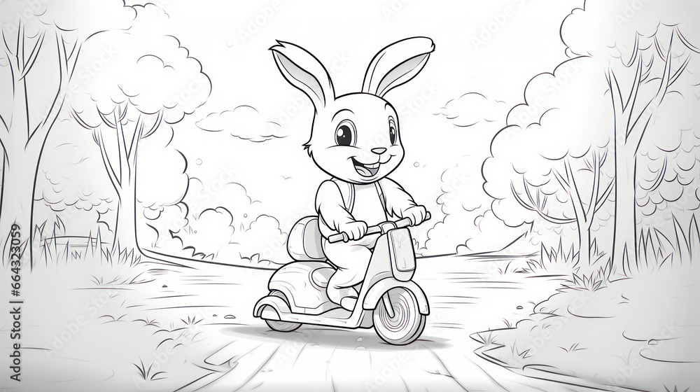Happy rabbit riding a scooter in coloring book page for kids Stock ...