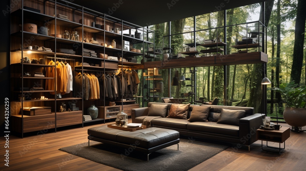 A modern minimalist men's walk-in wardrobe is equipped with clothes ...