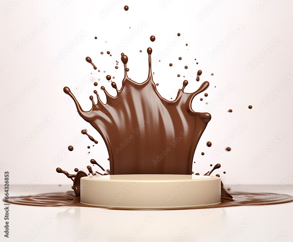 Chocolate splash with a podium, mockup background for milk product ...