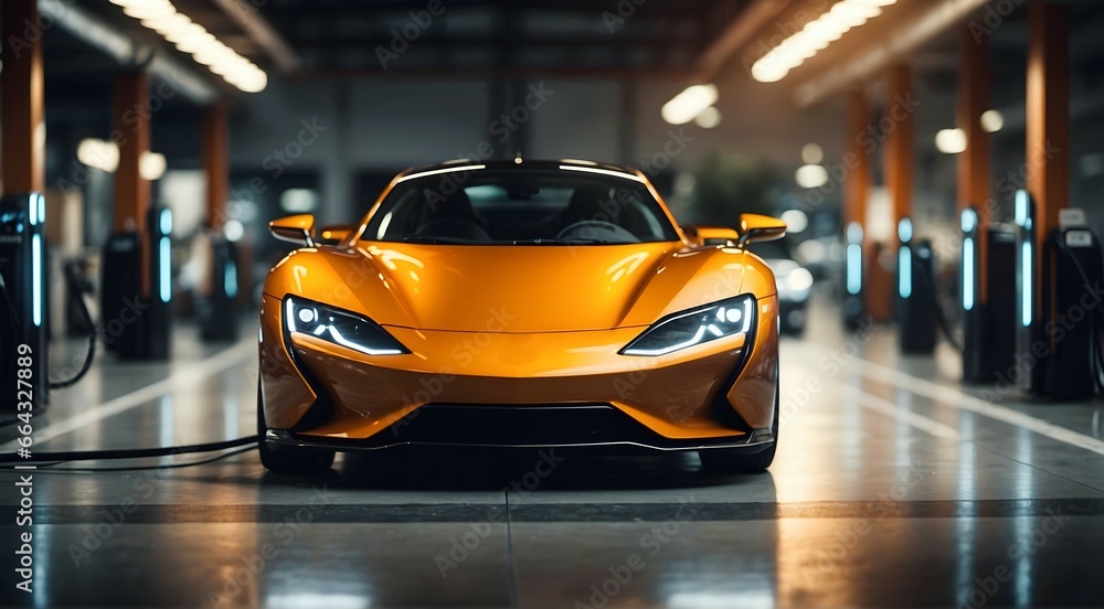 Electric super car at charging station concept, sport car background ...