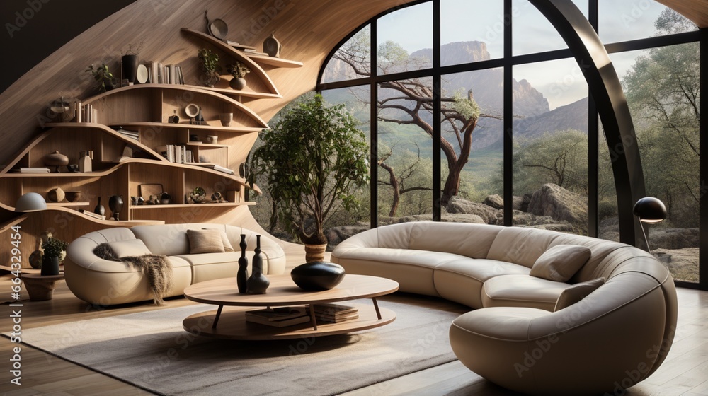 A round-shaped sofa and armchair near an ellipse wooden coffee table ...