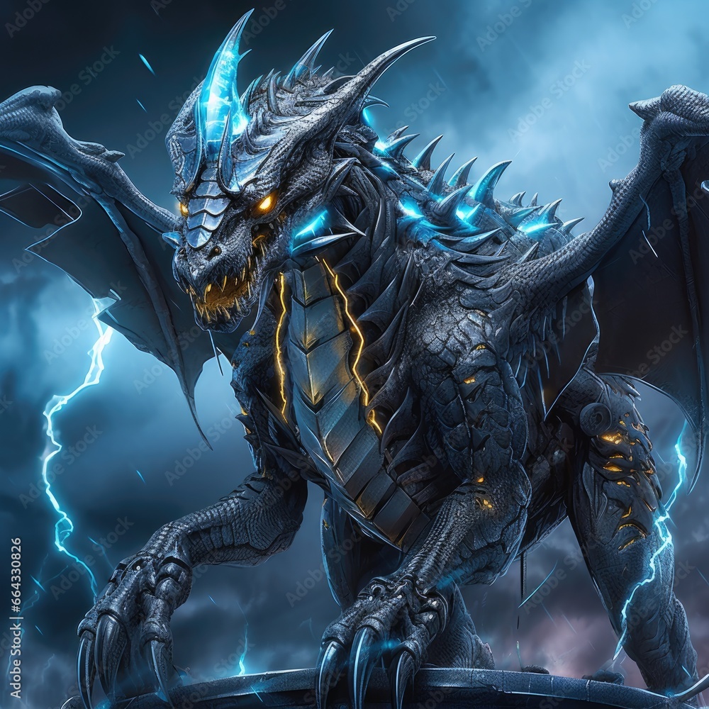 Huge black sci-fi mechanical cybernetic dragon with a thunderstorm ...