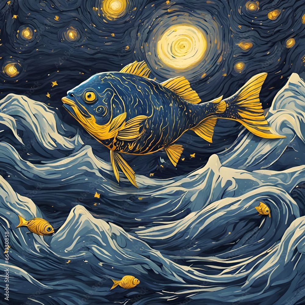 gold and blue fish in post-impressionism style with artful wave ...